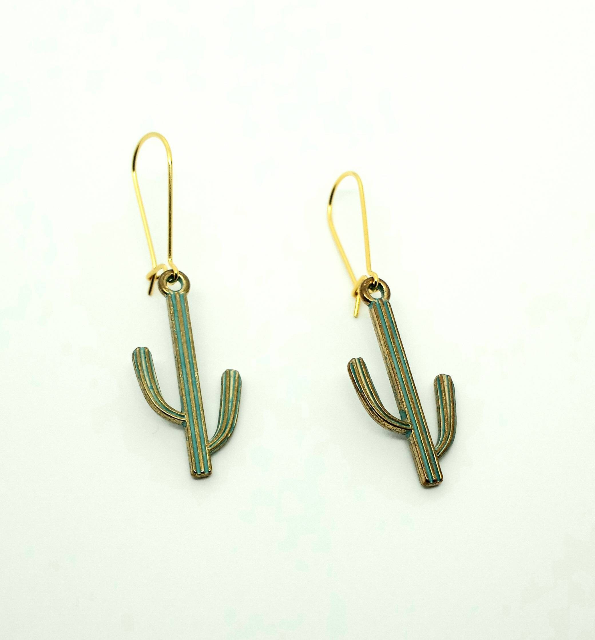 10K Gold Arched Hoops & Patina Cactus Charm, Gift for Her, Arizona ...