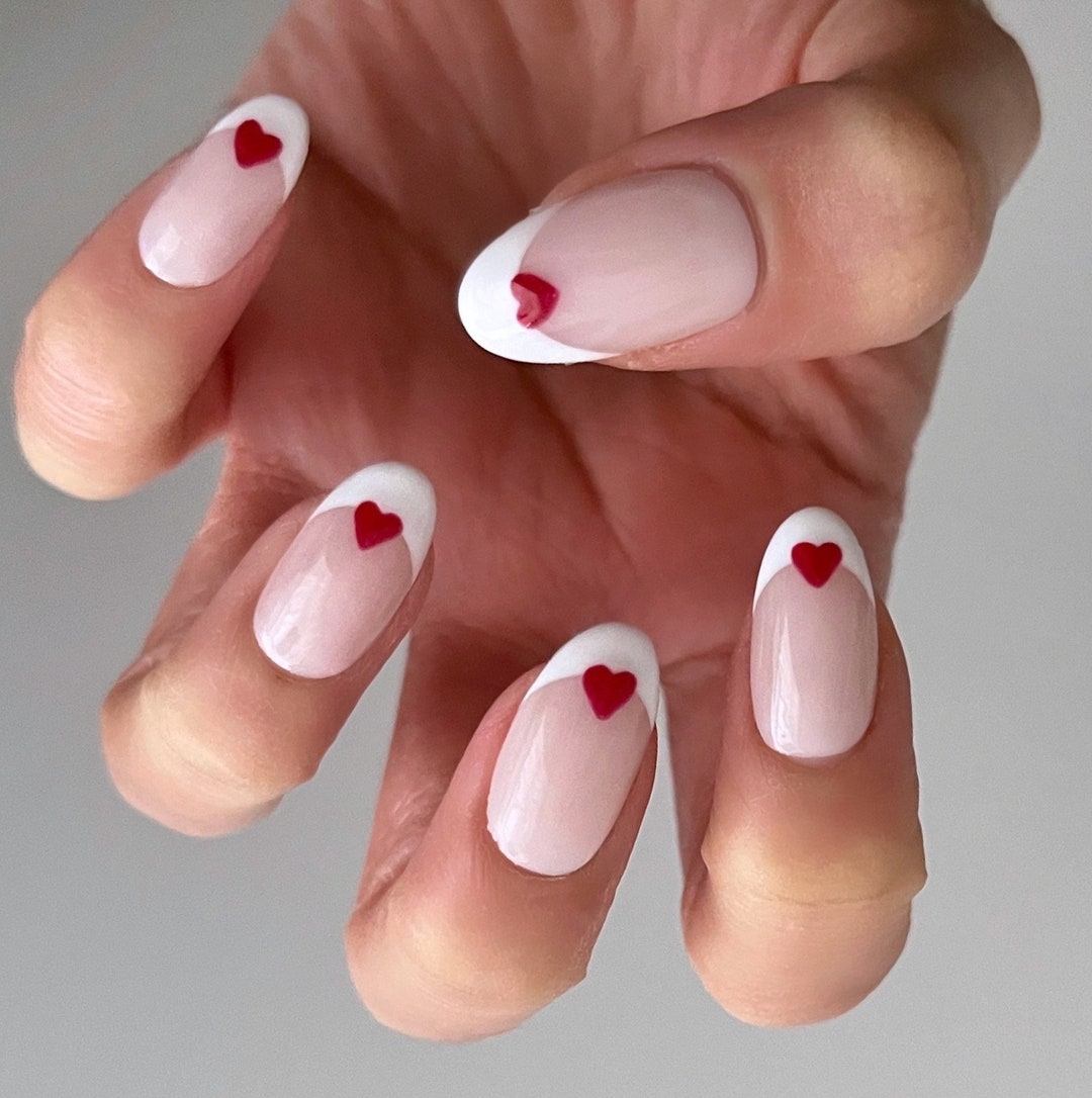 Love Heart French Tips Valentines Day Nails Heart Etsy