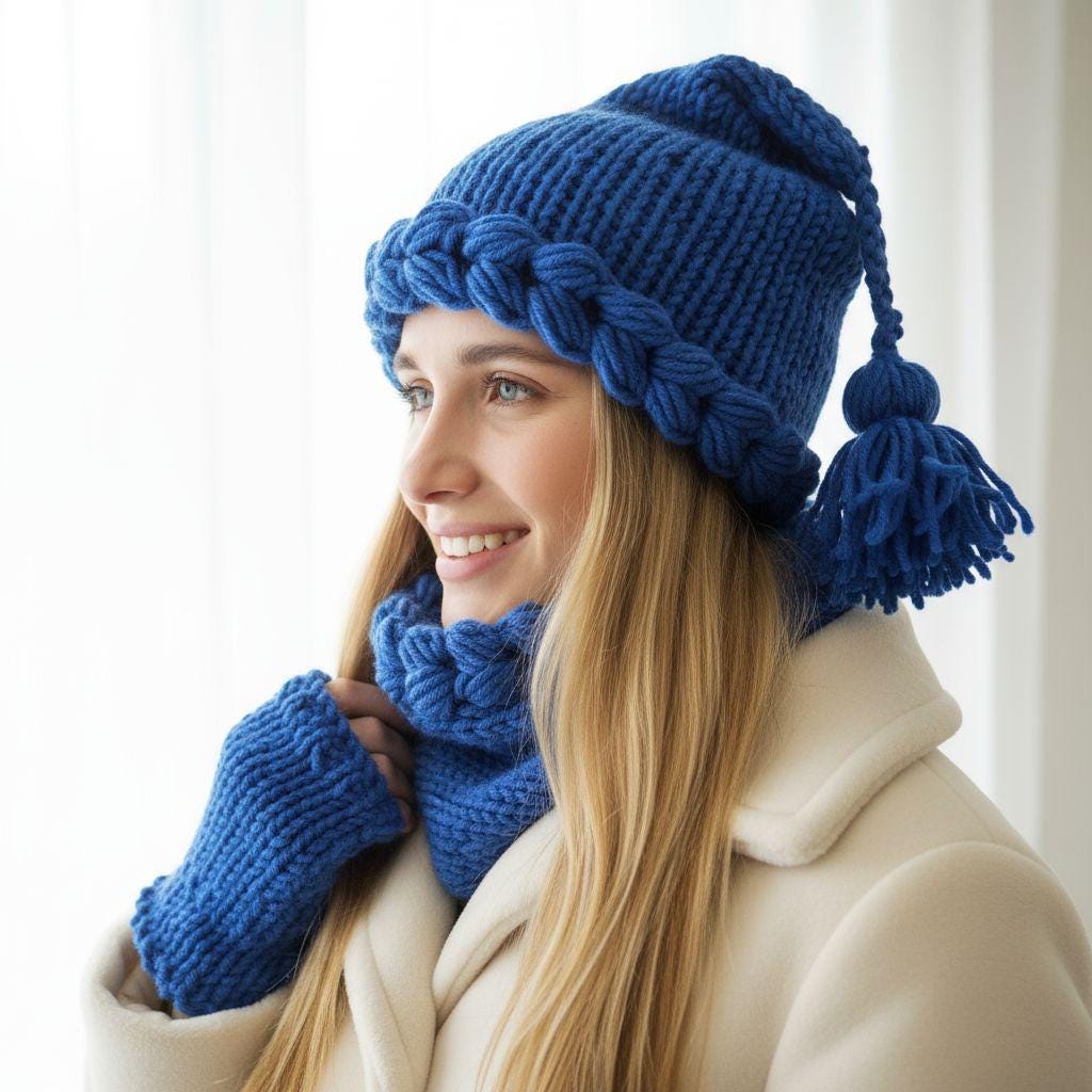 Handmade Blue Wool Winter Set – Braided Beanie, Infinity Scarf ...