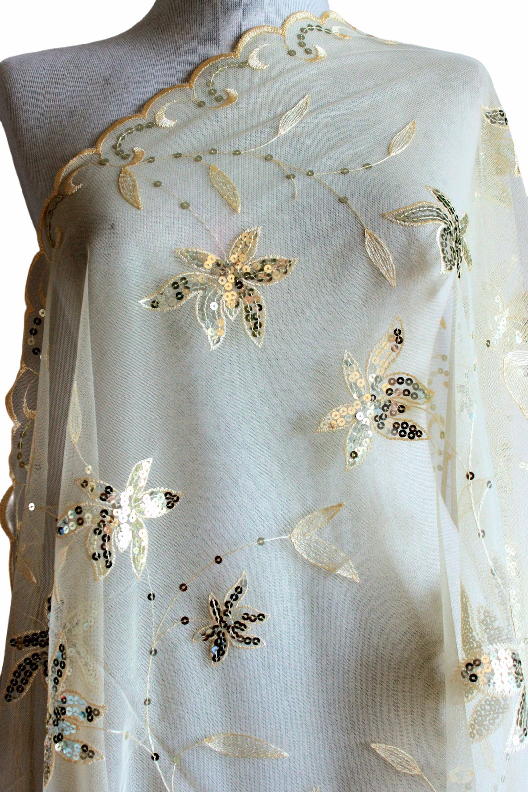 Gold Floral Embroidered Lace Tulle Cream Shawl / Sequin Embroidered ...