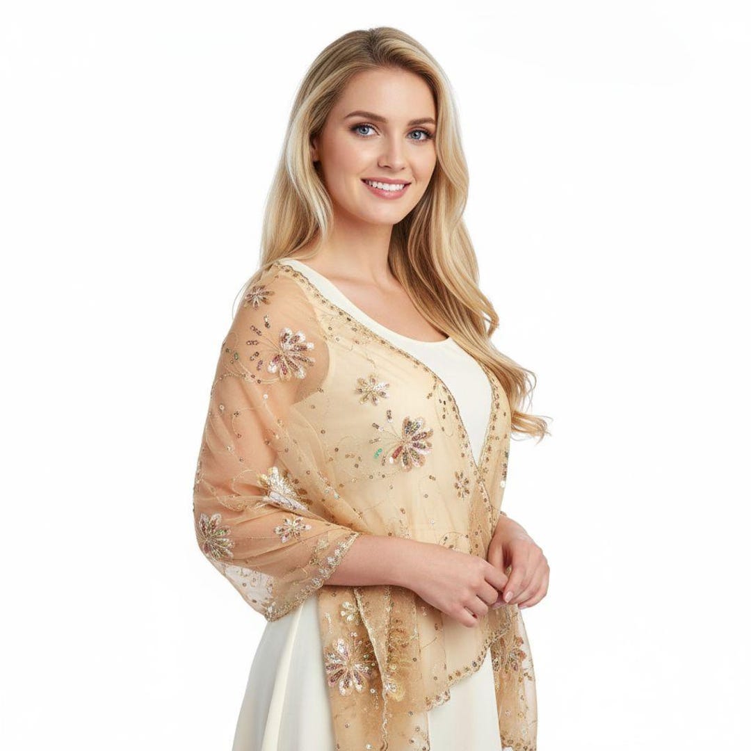 Floral Sequin Tulle Shawl - Embroidered Beige Wrap, Wedding Cover-up - Etsy