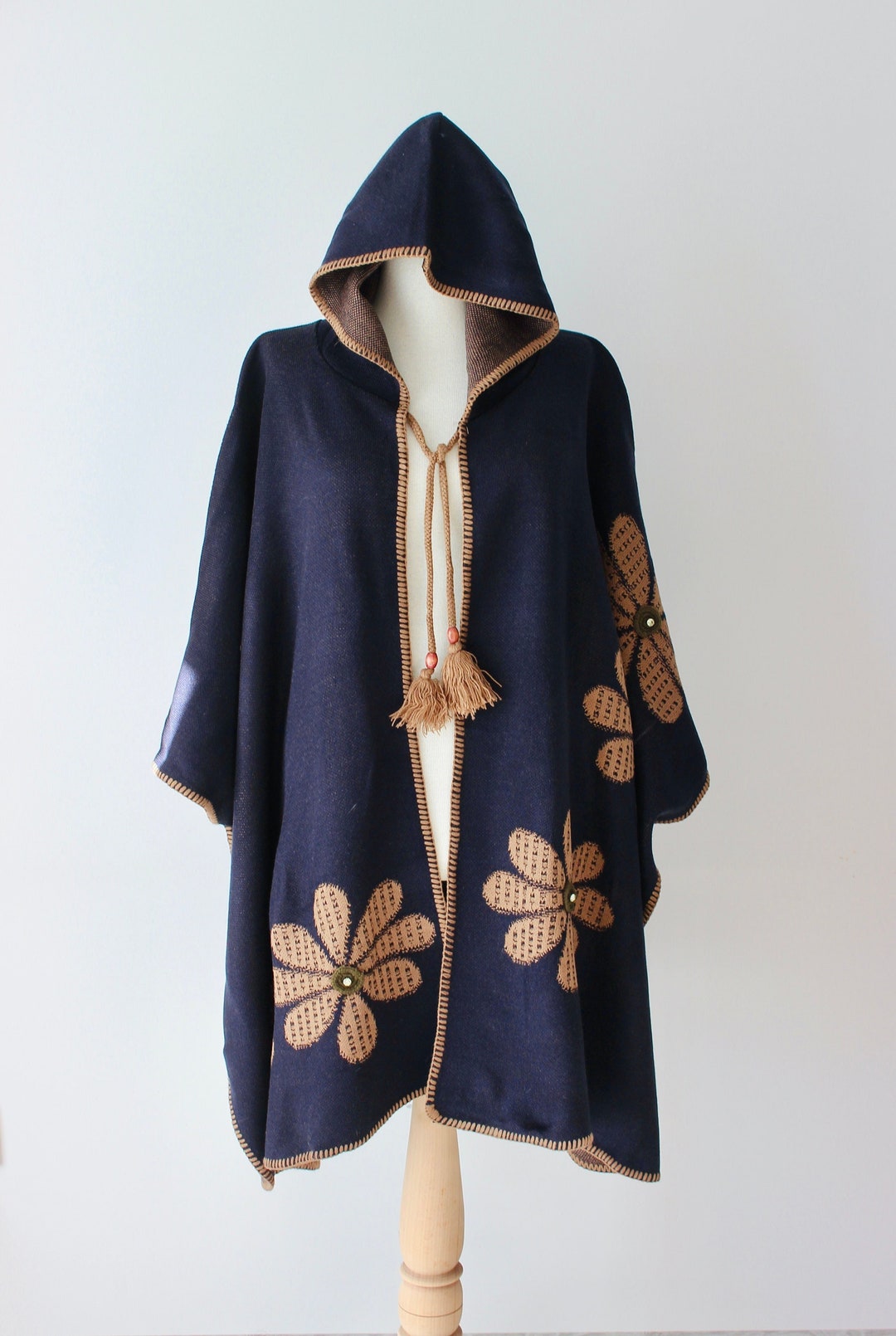 Poncho Cape With Hood / Navy Blue Brown Poncho / Floral Embroidered ...