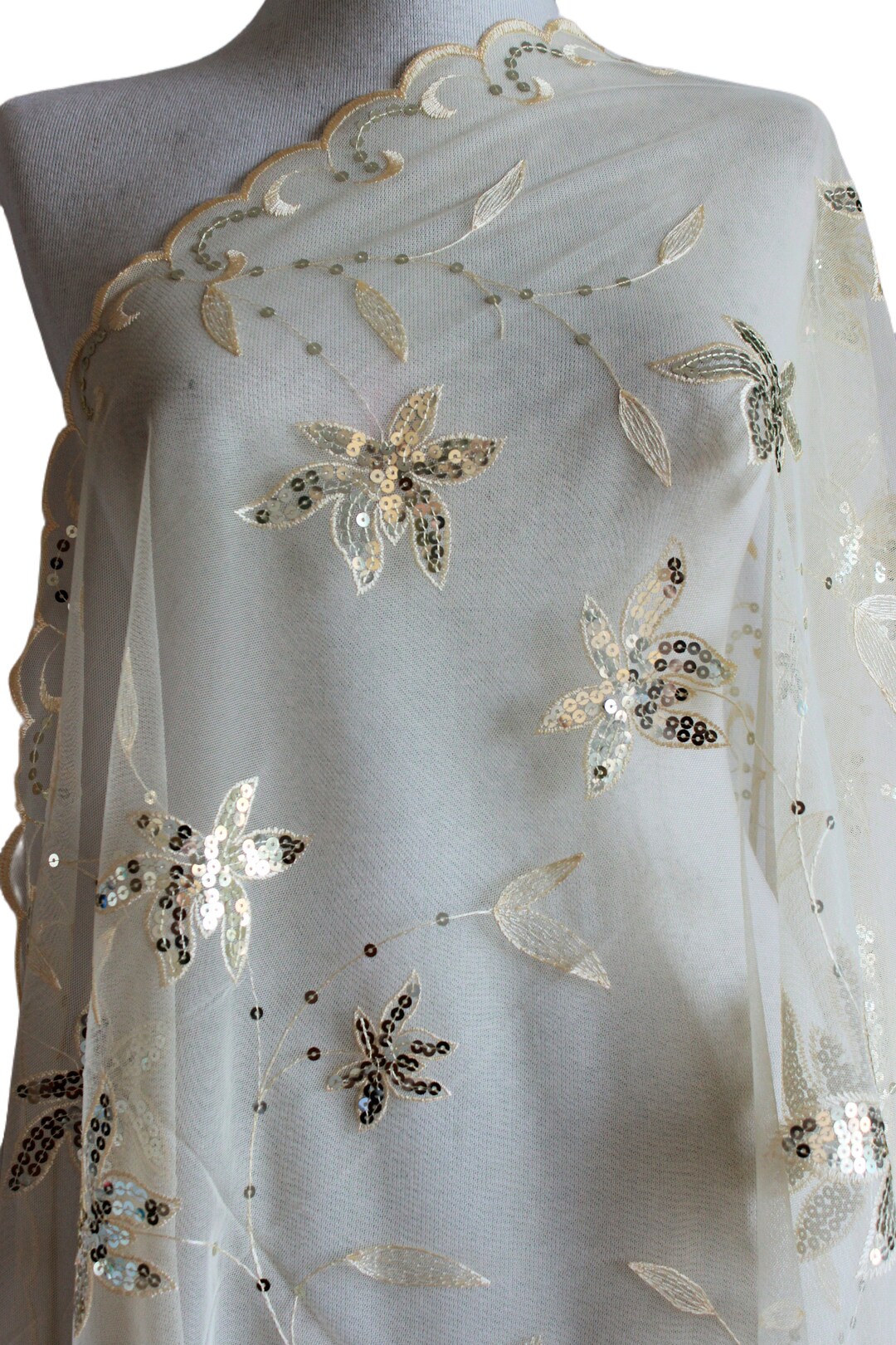 Gold Floral Embroidered Lace Tulle Cream Shawl / Sequin Embroidered ...