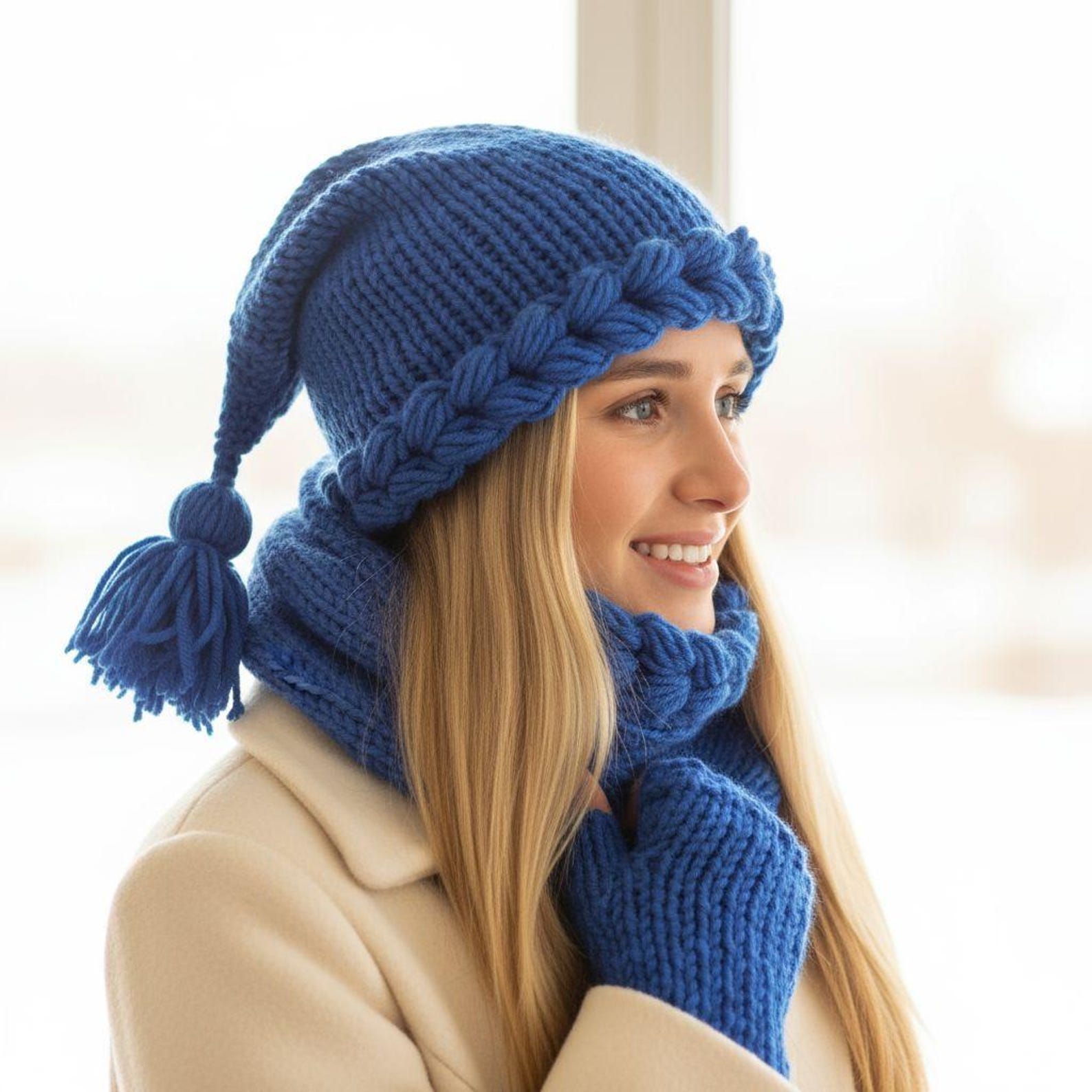 Handmade Blue Wool Winter Set – Braided Beanie, Infinity Scarf ...