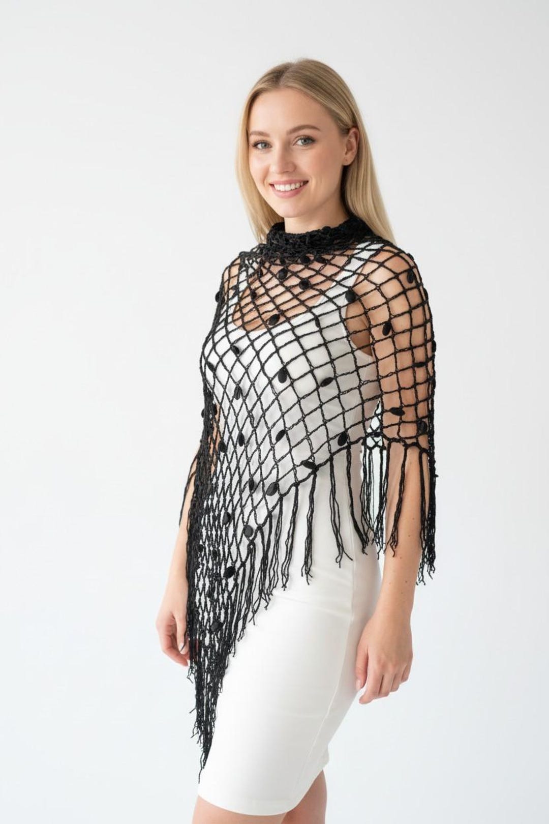 Black Sequin Crochet Shawl, Handmade Lace Wrap, Lightweight Boho ...