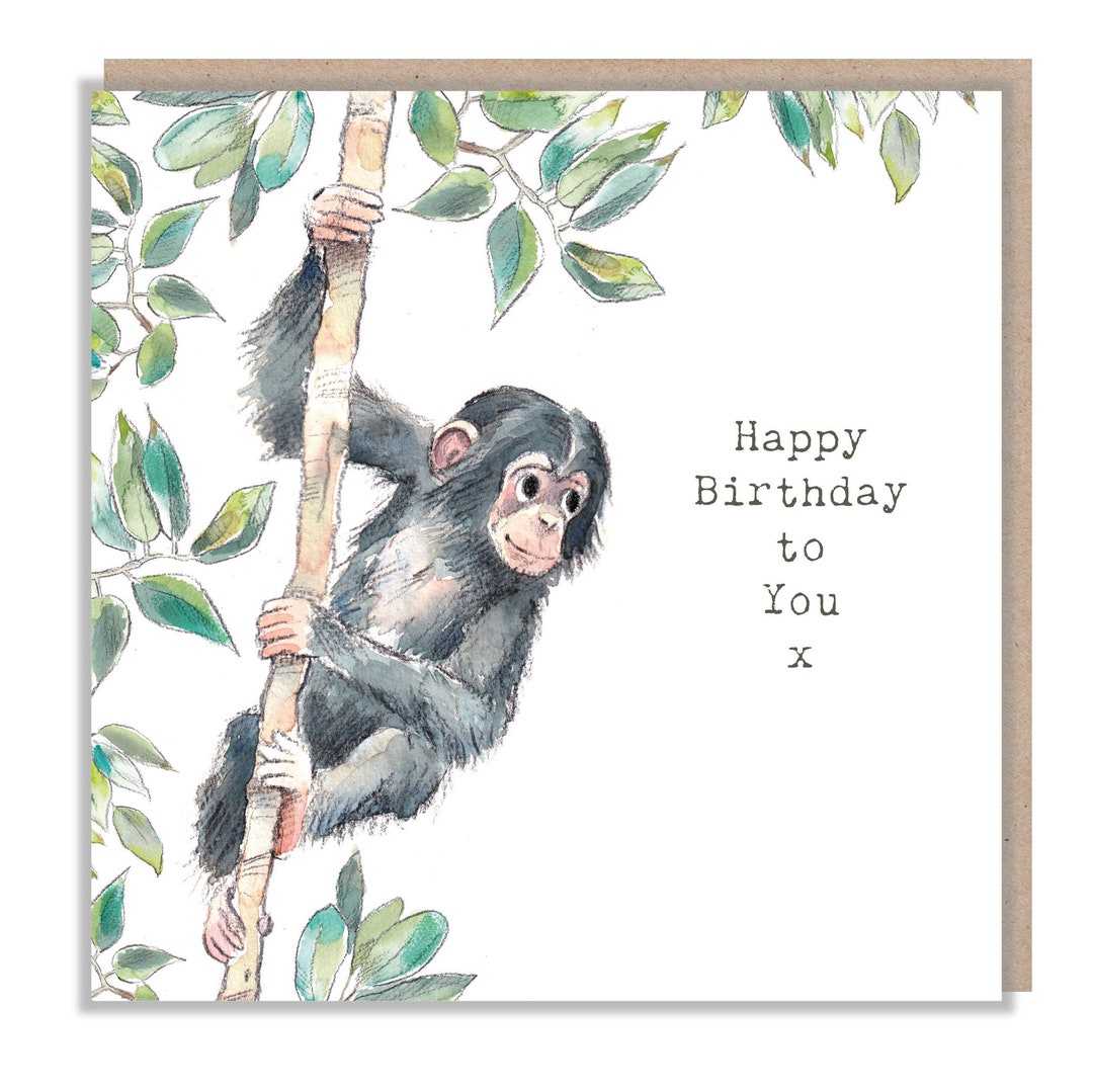 Chimpanzee Birthday Card - Charming Illustration - Climbing Chimp ...