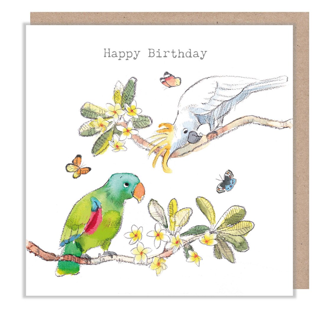 Birthday Card - Charming Illustration - Parrots With Butterflies ...