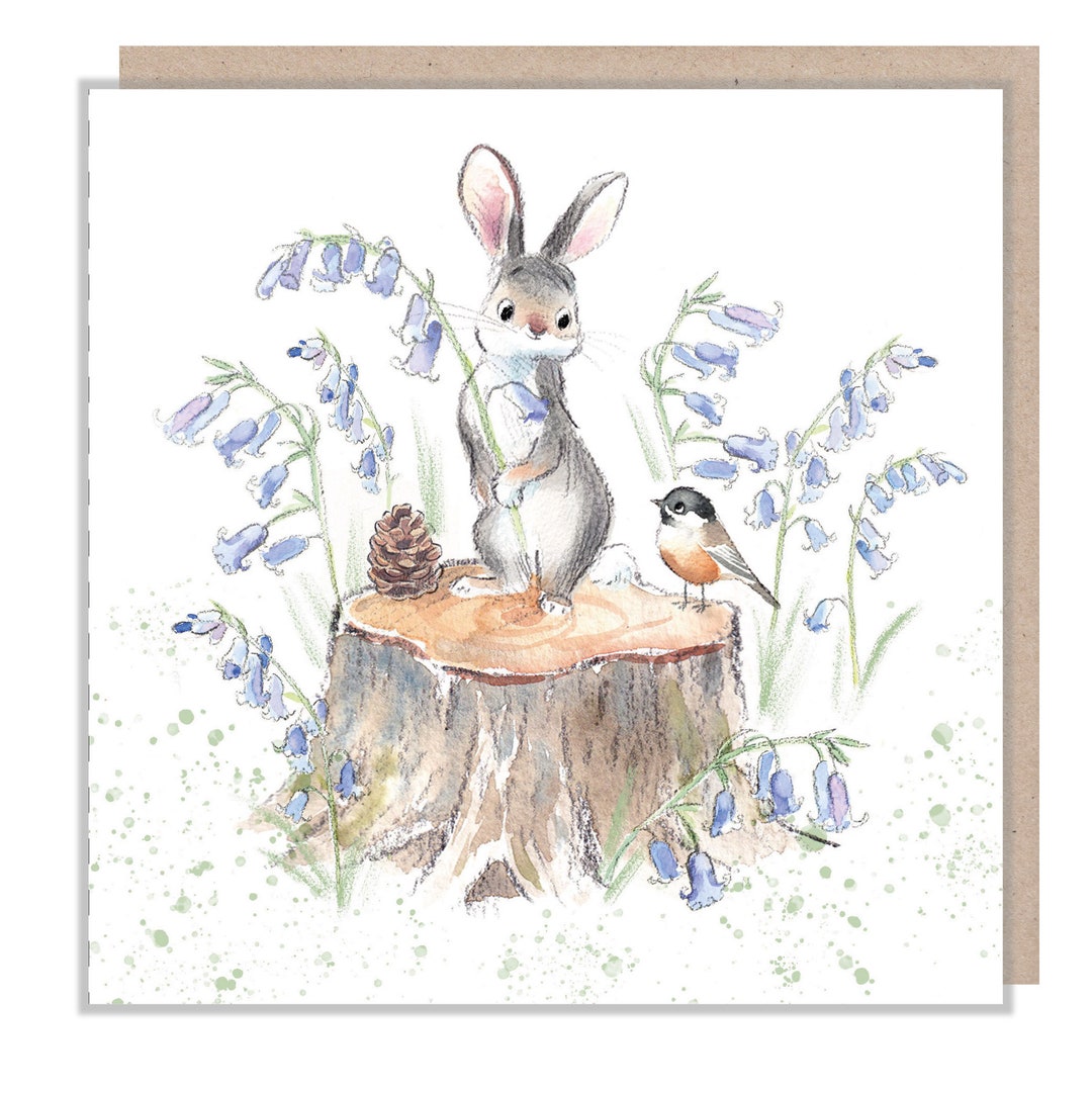 Rabbit Card - Blank - Charming Illustration - Rabbit With Bluebells ...