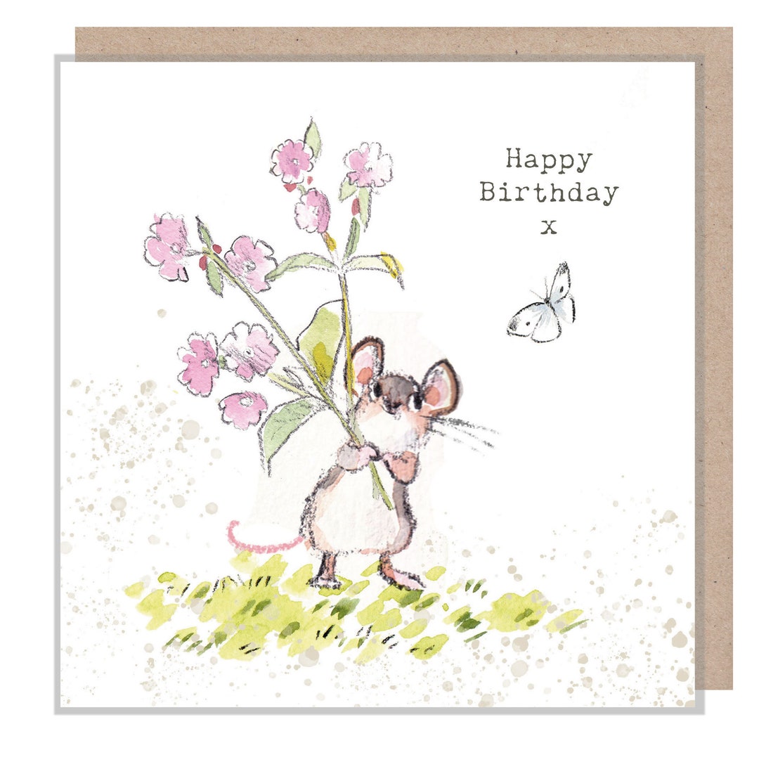 Mouse Birthday Card - Charming Illustration - Mouse With Flowers and ...