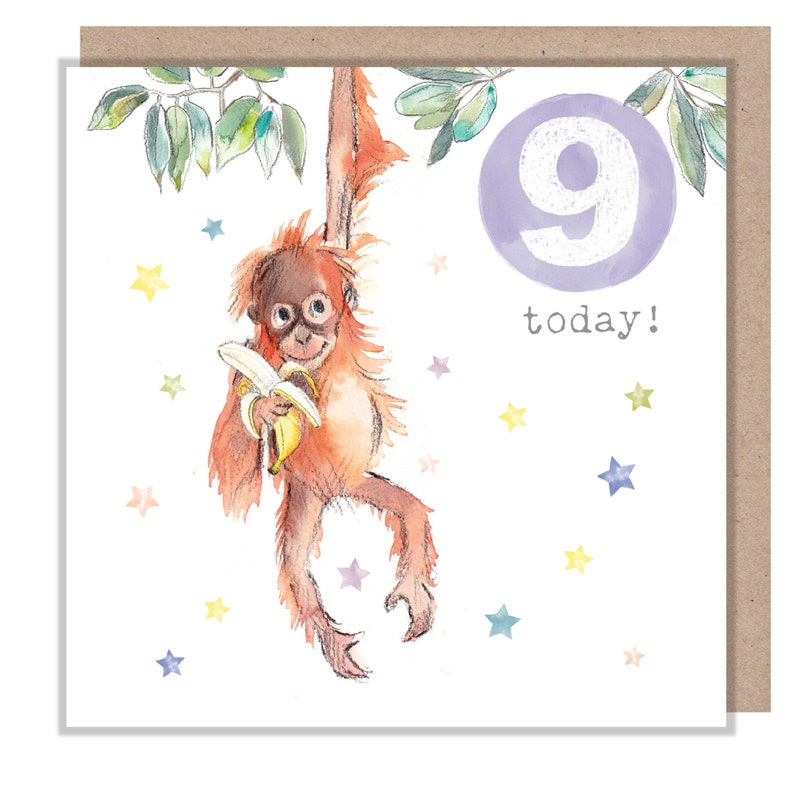 AGE 9 Birthday Card - Charming Illustration - Orangutan, 'party Time ...