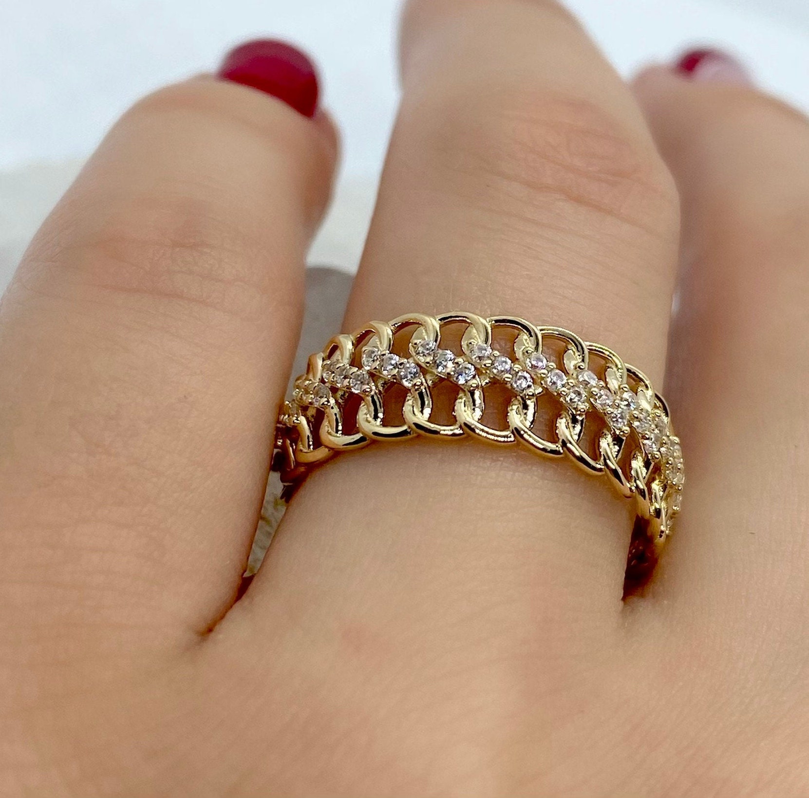 14k Solid Gold Double Curb Chain Ring, Gold Chain Ring, Gold Chain ...
