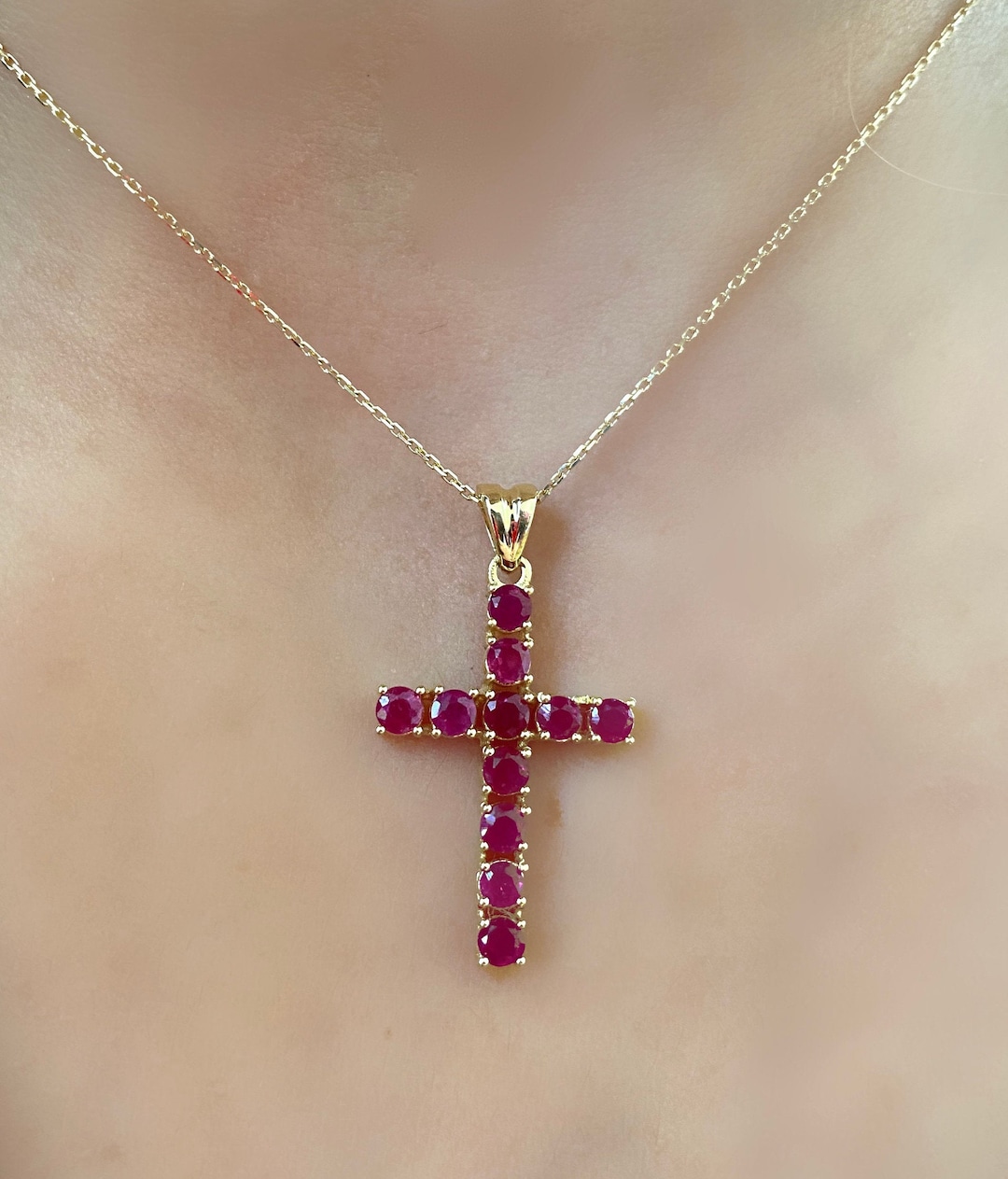 Ruby Gold Necklace - Gold Cross Necklace - Gold Cross Necklace Women - Natural Ruby - 18k Gold ...