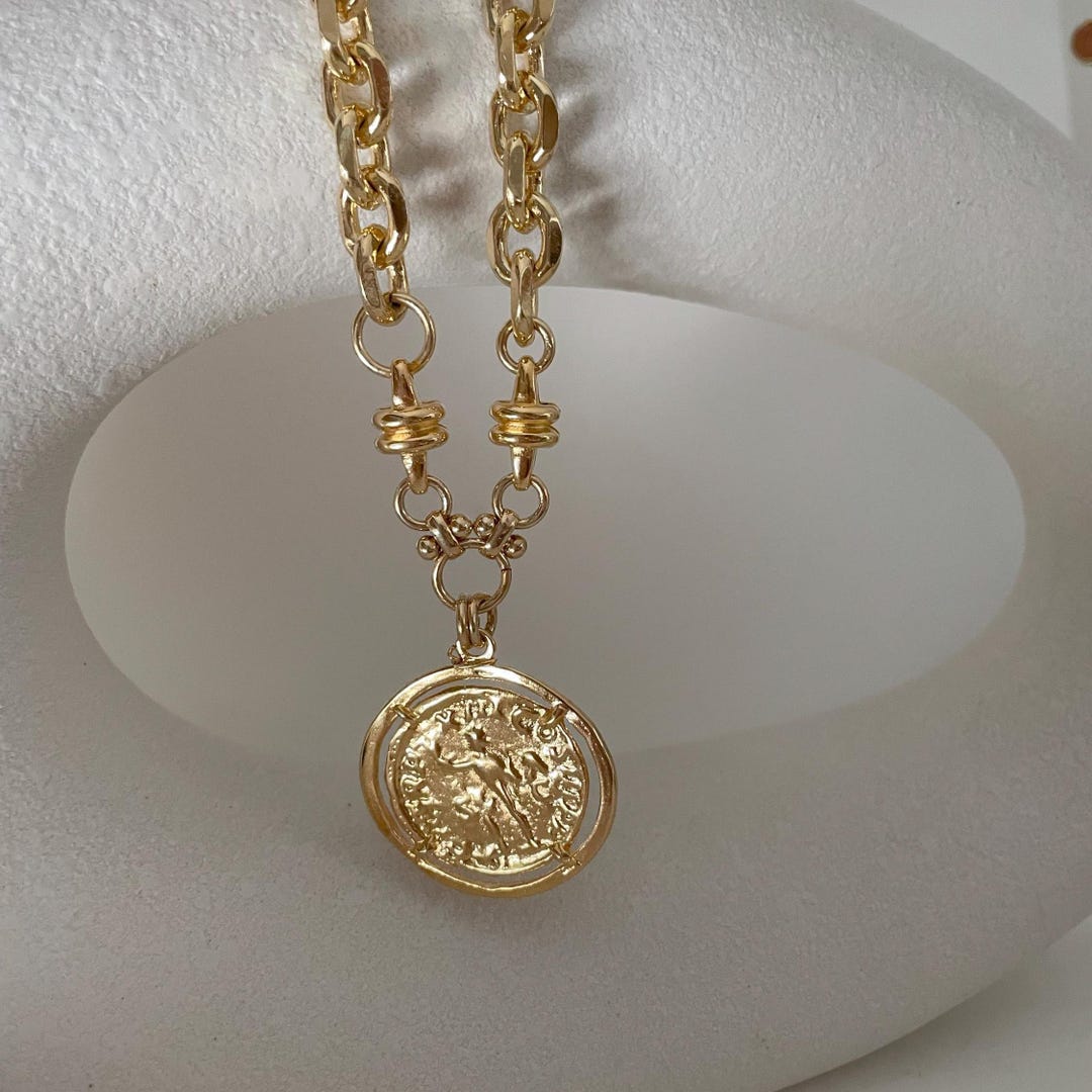 Gold Chunky Medallion Choker, Greek Coin Necklace, Chunky Chain Choker ...