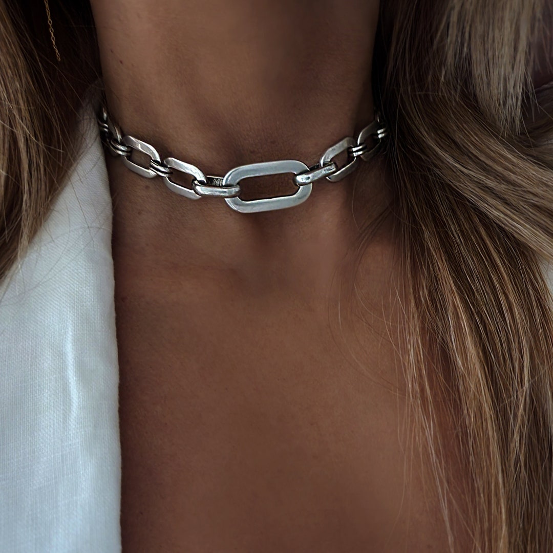 Chunky Silver Link Chain Choker, Chunky Choker Necklace, Silver Chunky ...