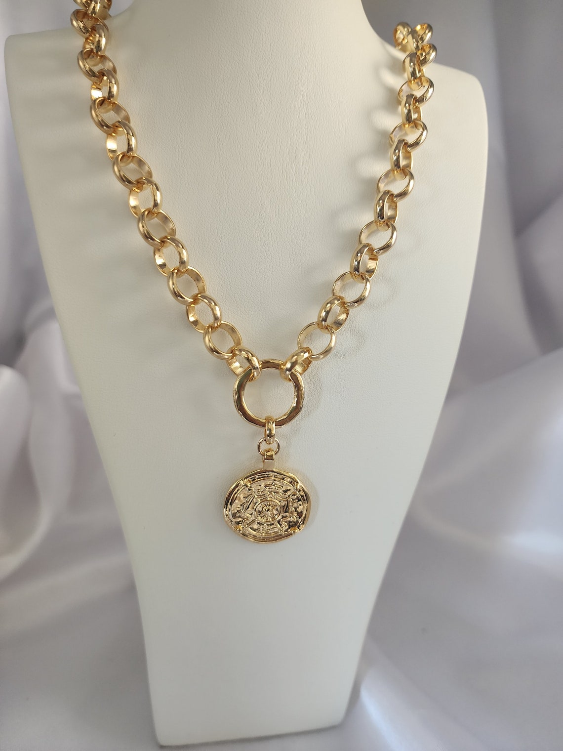 Gold Chunky Medallion Choker, Greek Coin Necklace, Chunky Chain Choker ...