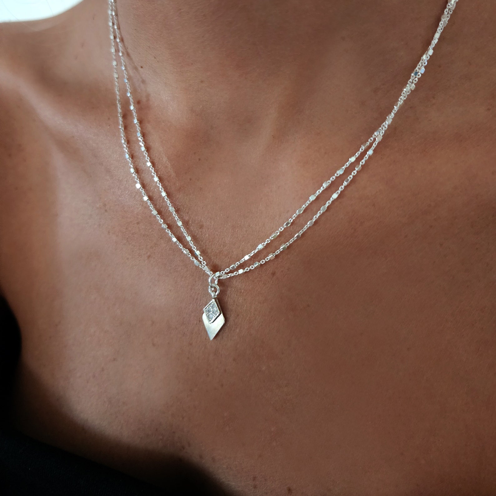 Sterling Silver Rhombus Charm Necklace, Dainty Silver Charm Necklace ...