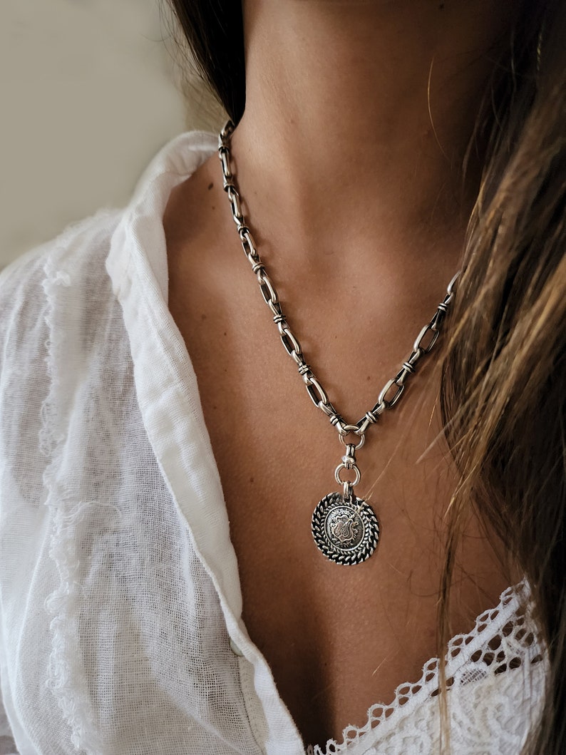 Silver Chunky Coin Necklace Silver Statement Necklace - Etsy