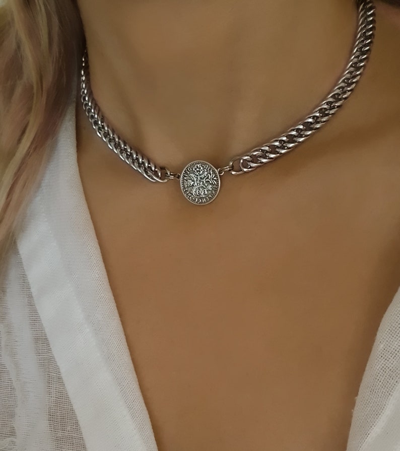 Chunky Curb Chain Choker, 925 Silver Coin Pendant - Etsy