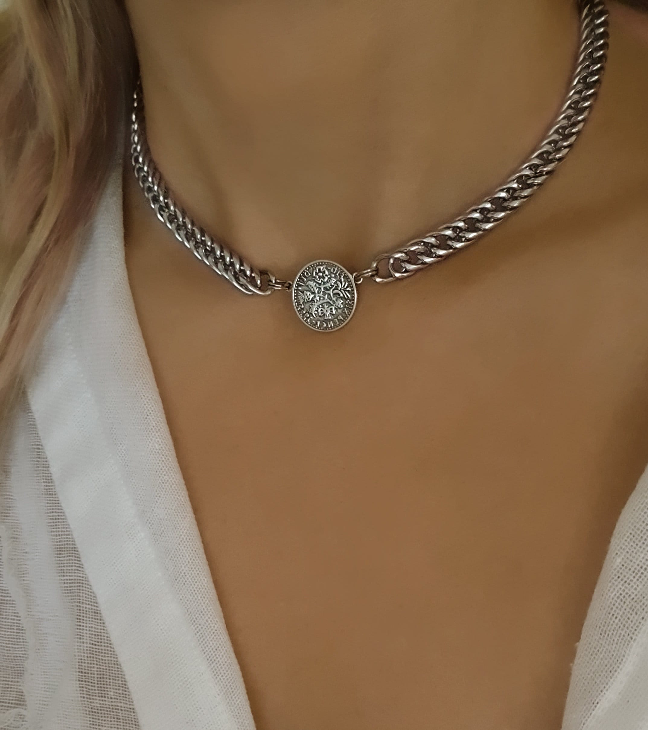 Chunky Silver Curb Choker Necklace, Chunky Silver Pendant Choker ...