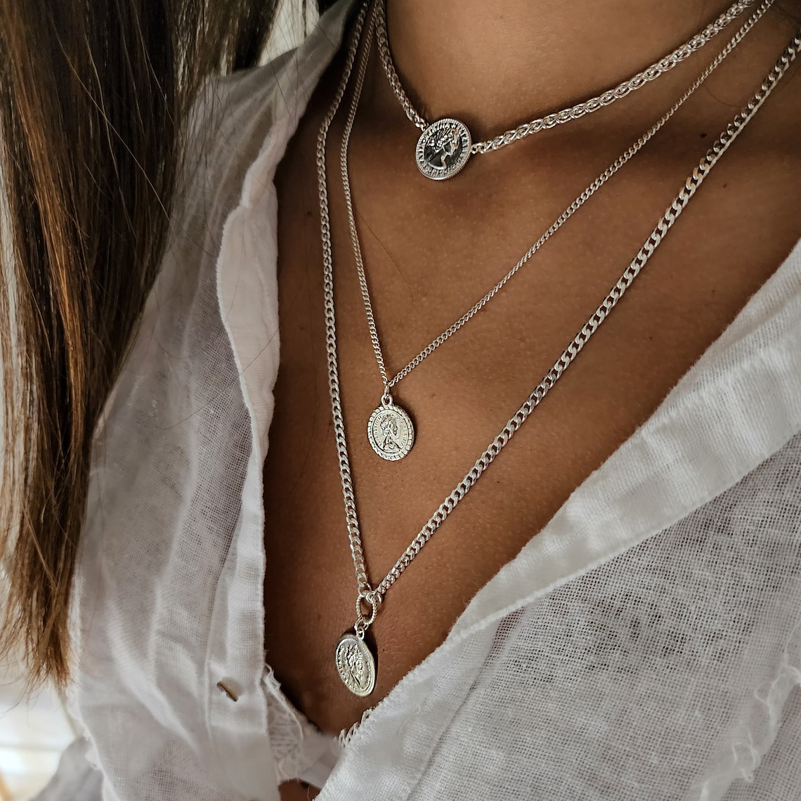 Sterling Silver Coin Pendant Necklace, Curb Chain - Etsy