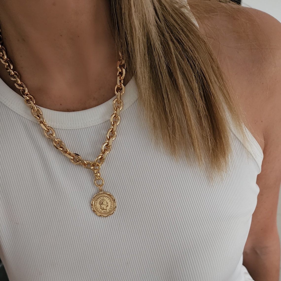 Gold Chunky Coin Necklace Gold Statement Necklace Ancient - Etsy