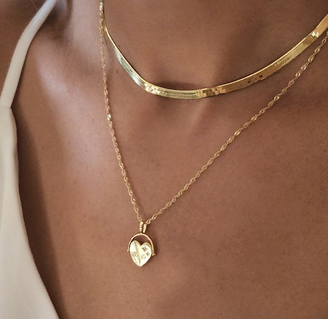 14K Gold Layered Heart Necklace Set, Gold Heart Necklace, Layered Coin ...