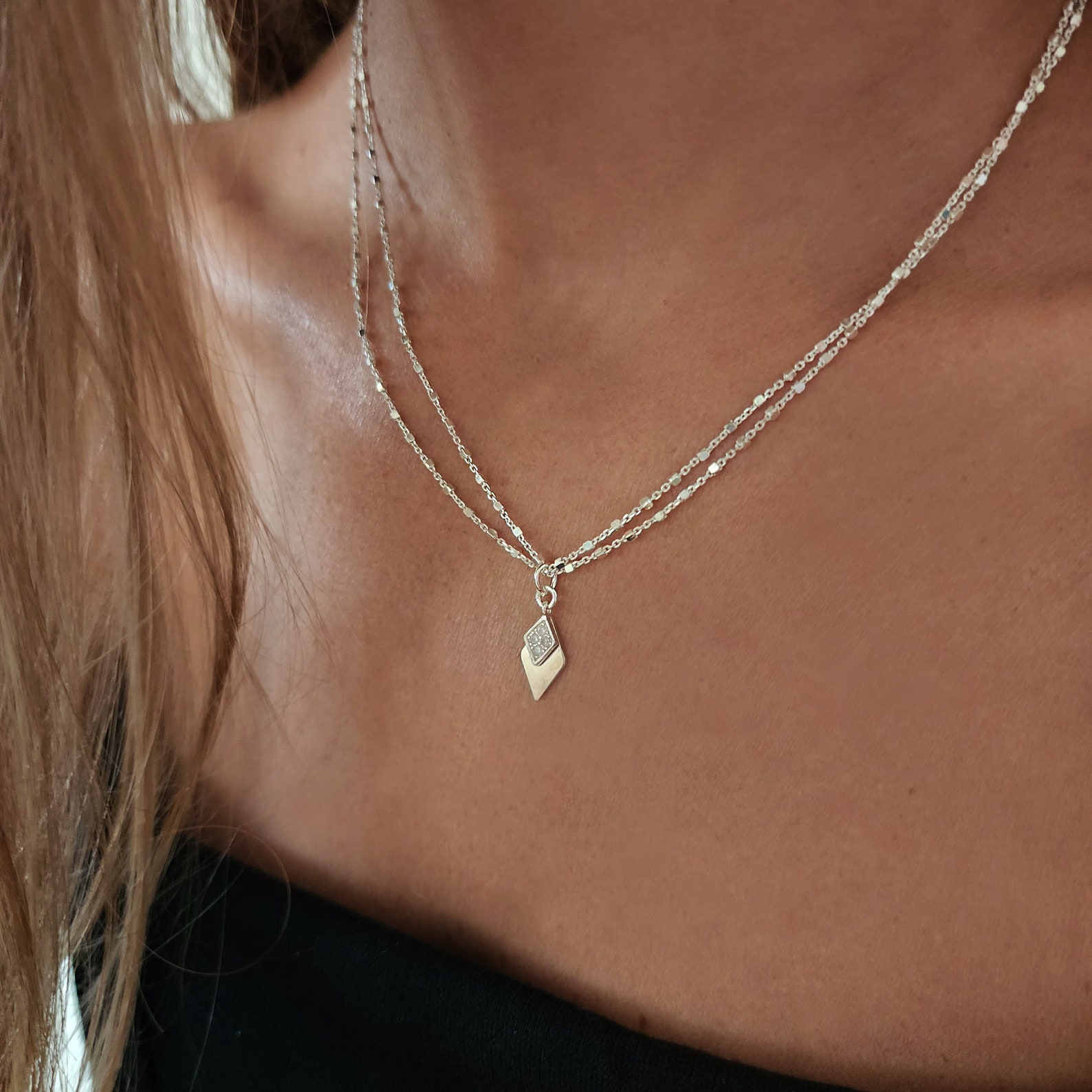 Sterling Silver CZ Rhombus Double Chain Necklace - Etsy