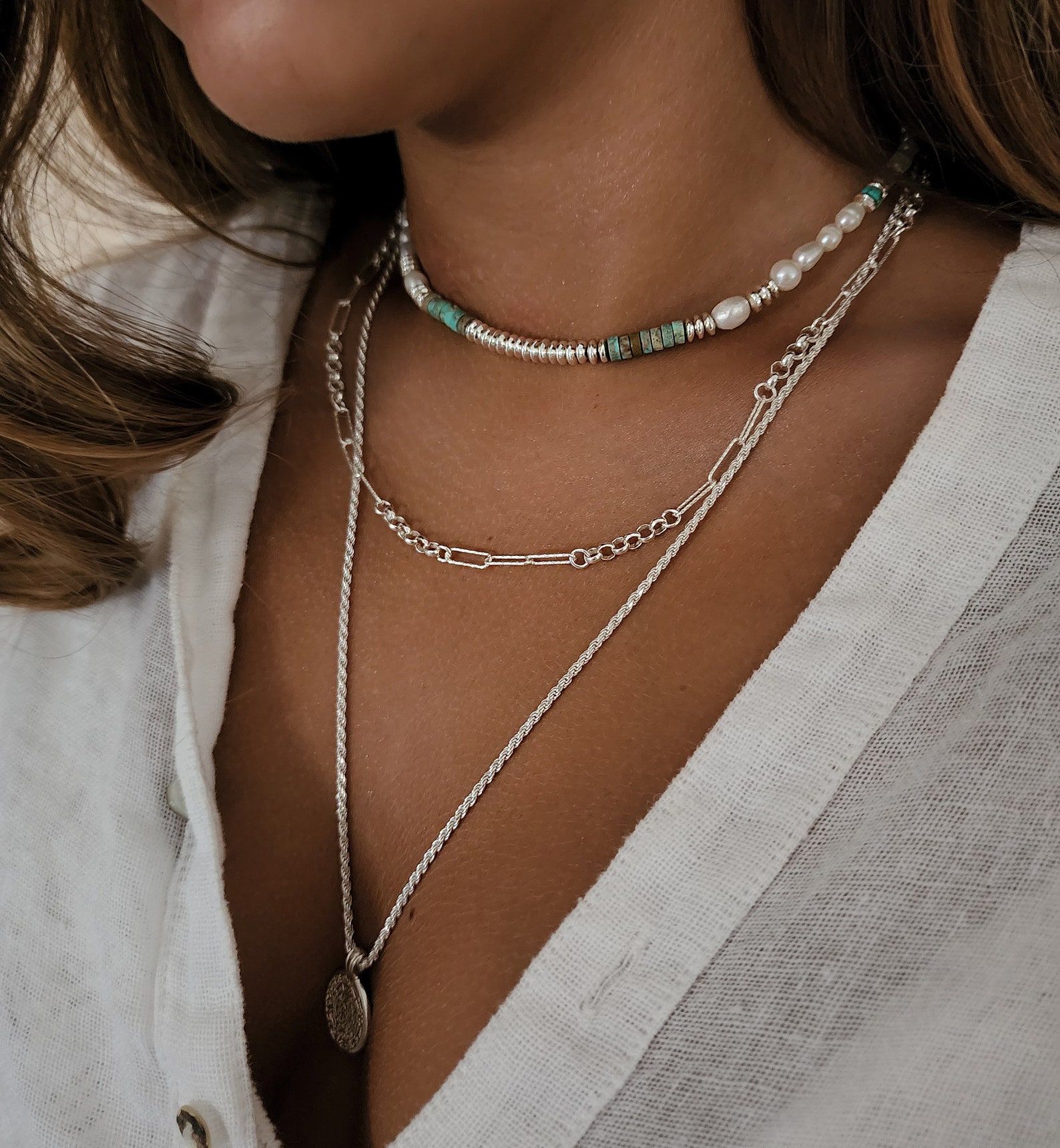 Sterling Silver Layered Necklace Set, Turquoise, Pearl, Aztec Calendar ...