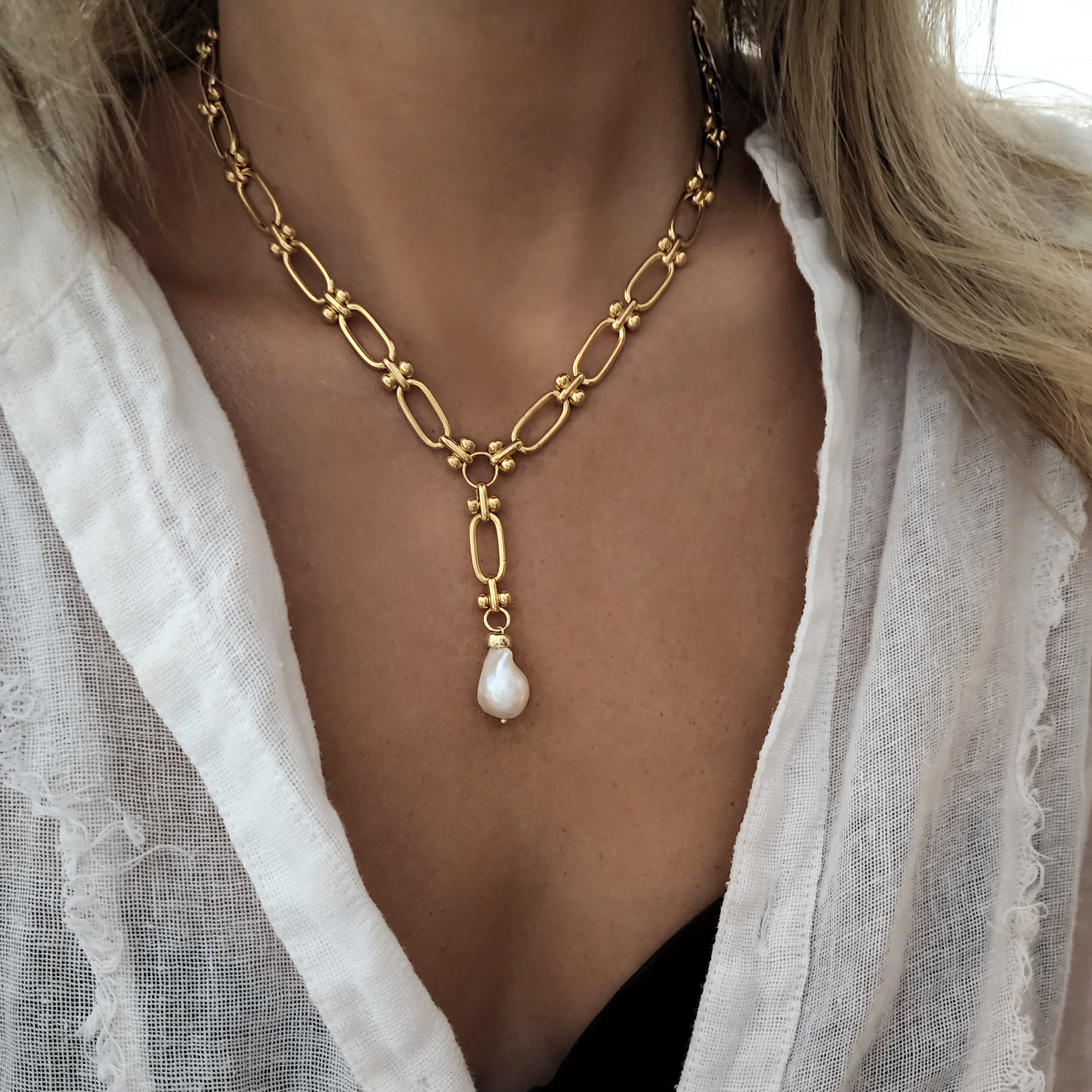 Gold Chunky Lariat Necklace Gold Lariat Pearl Necklace Etsy