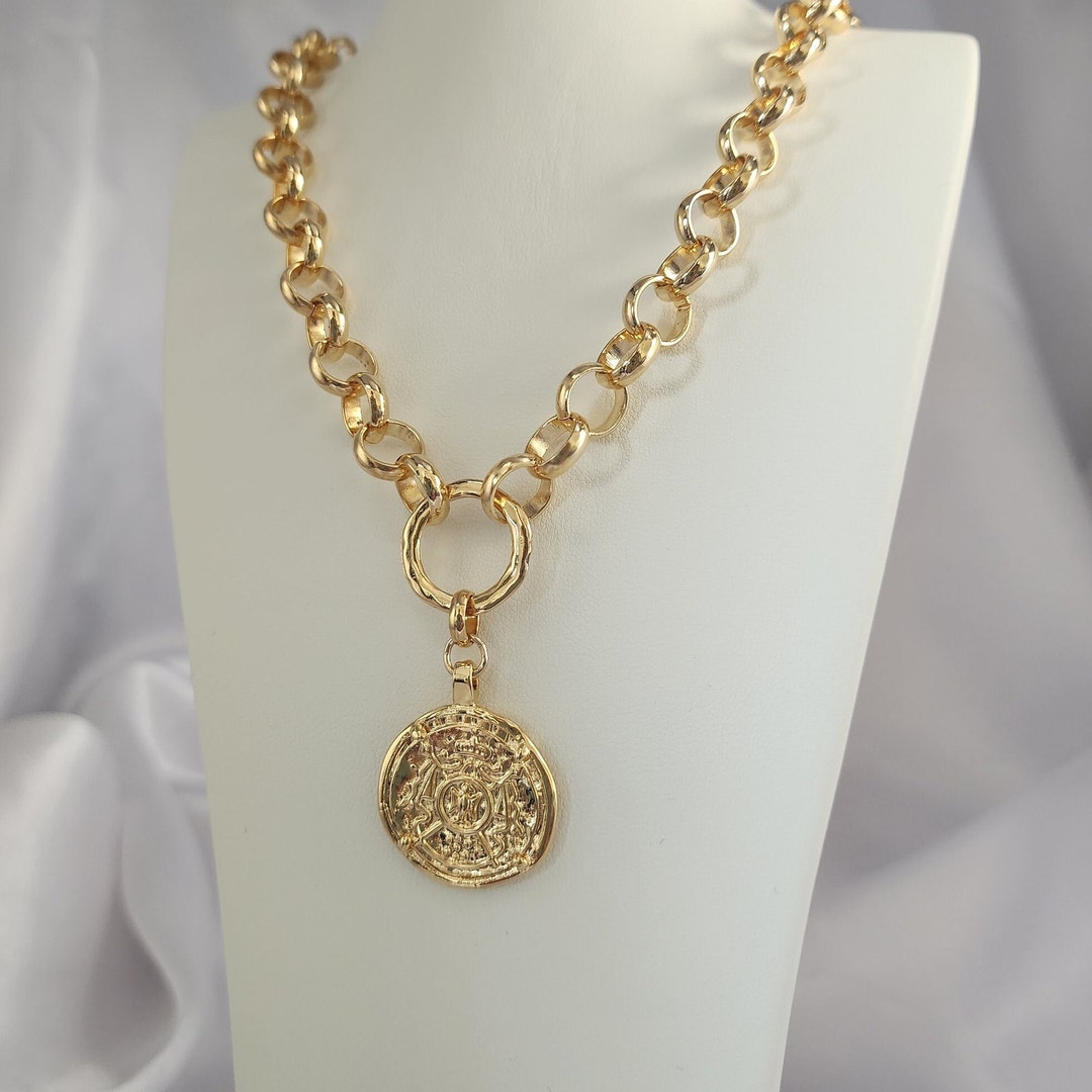 Gold Chunky Medallion Choker, Greek Coin Necklace, Chunky Chain Choker ...