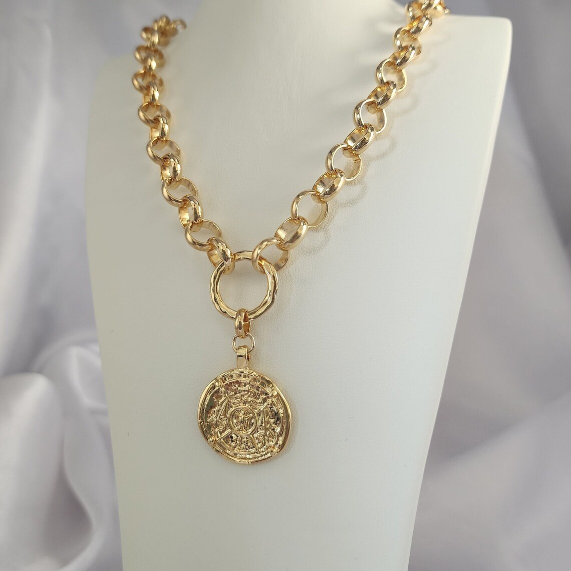 Gold Chunky Medallion Choker, Greek Coin Necklace, Chunky Chain Choker ...