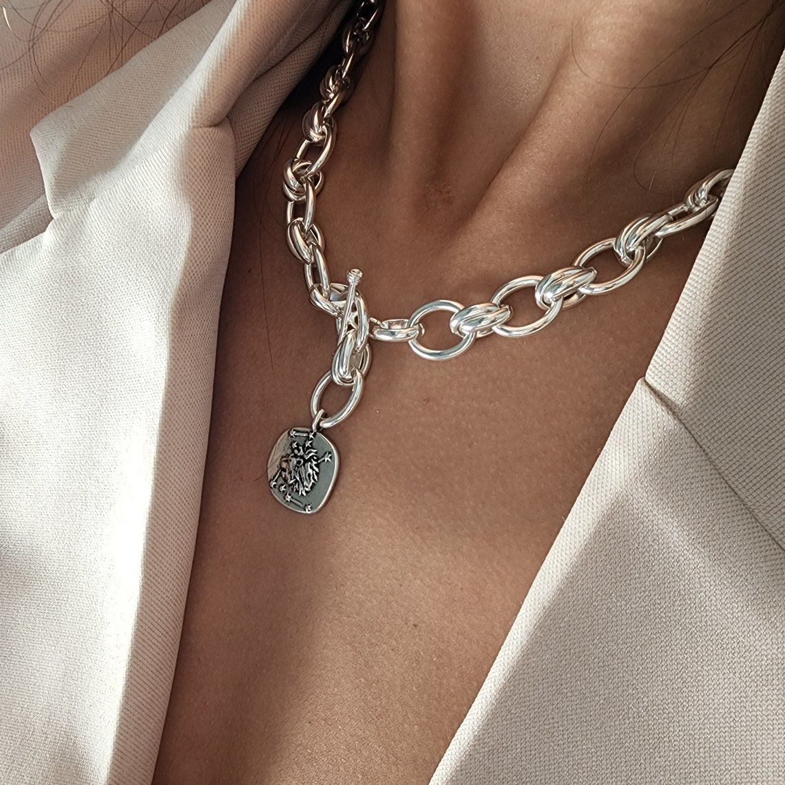 Silver Chunky Pendant Necklace, Silver Lariat Toggle Necklace, Chunky ...