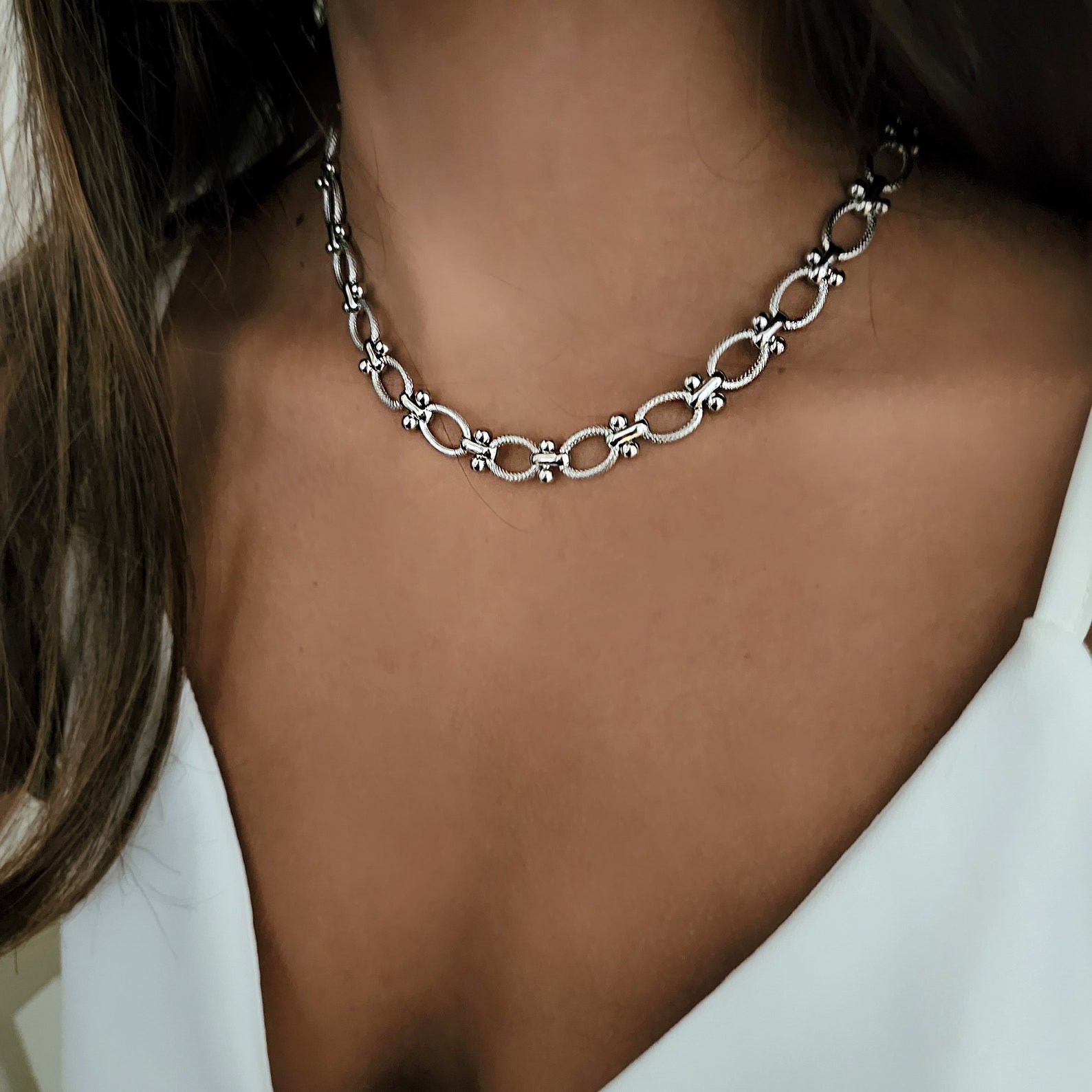 Silver Chunky Choker, Chunky Necklace Silver, Statement Necklace, Oval ...