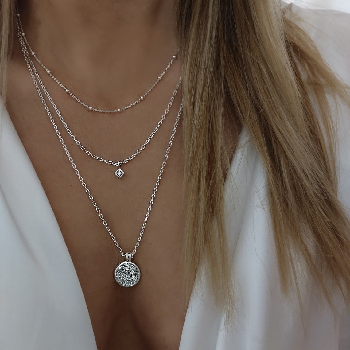 Silver Layered Necklace Set Dainty Layered Silver Necklace - Etsy