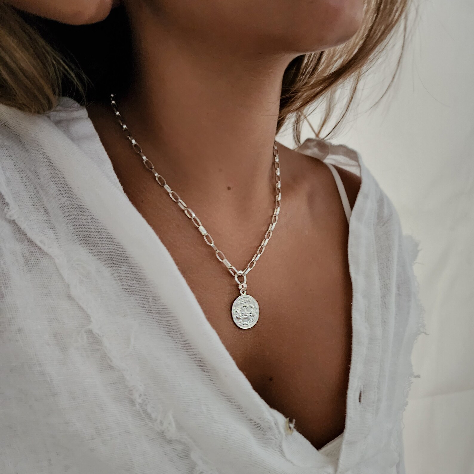 Sterling Silver Coin Necklace, Link Chain Coin Necklace, Coin Necklace ...