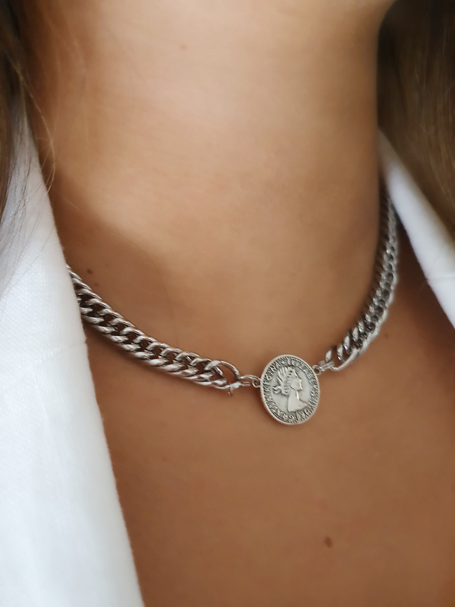 Chunky Silver Curb Choker Necklace, Chunky Silver Pendant Choker ...