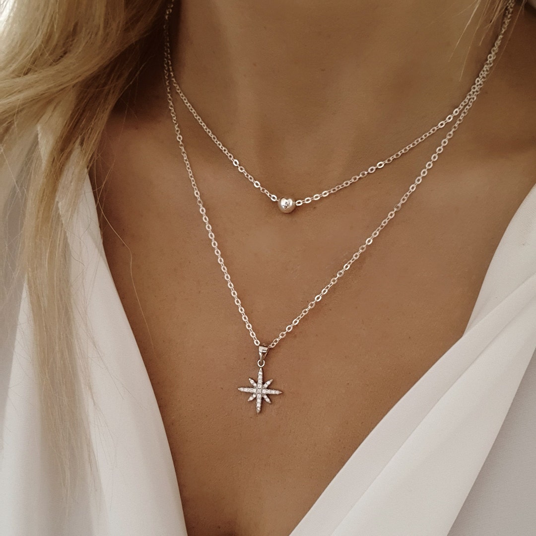 Sterling Silver Layered Northstar Necklace Set, 925 Silver Necklace Set ...