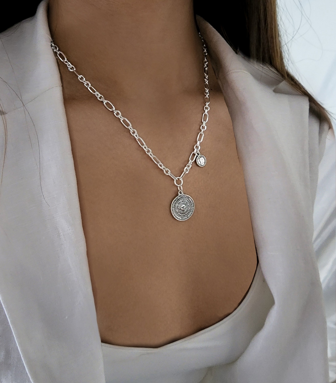 Sterling Silver Coin Necklace, Two Coins Pendant Necklace, Coin ...