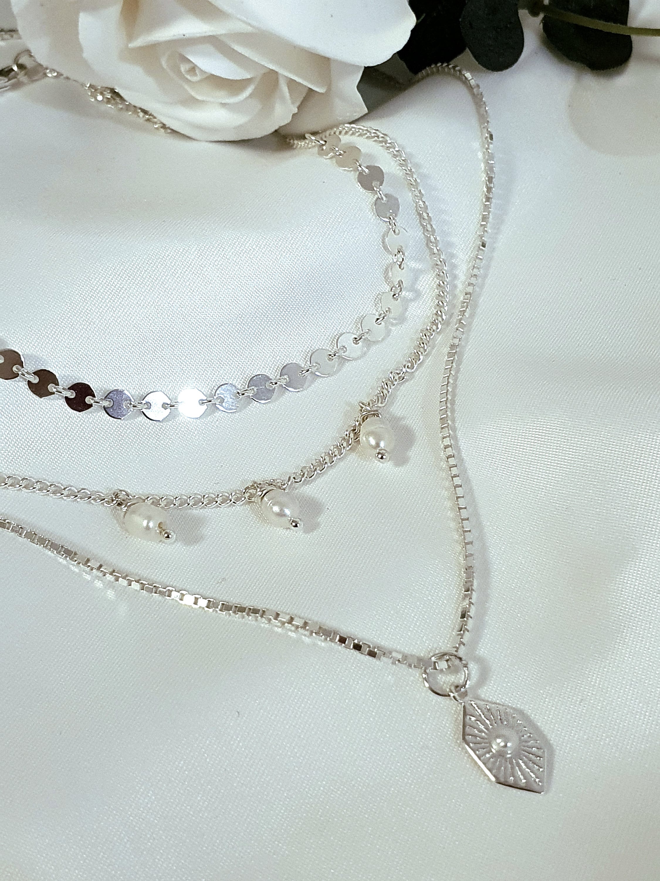 Sterling Silver Layered Necklace Set, Sequin, Pearl, Charm - Etsy