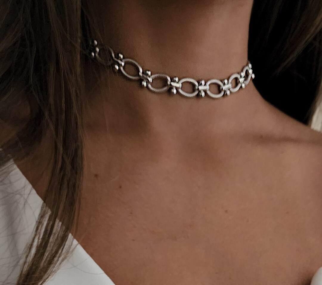 Silver Chunky Choker, Chunky Necklace Silver, Statement Necklace, Oval ...