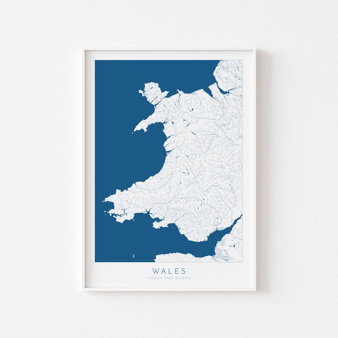 Wales Map Art Wales Coast and Rivers Map, Wales Coastline and Rivers ...