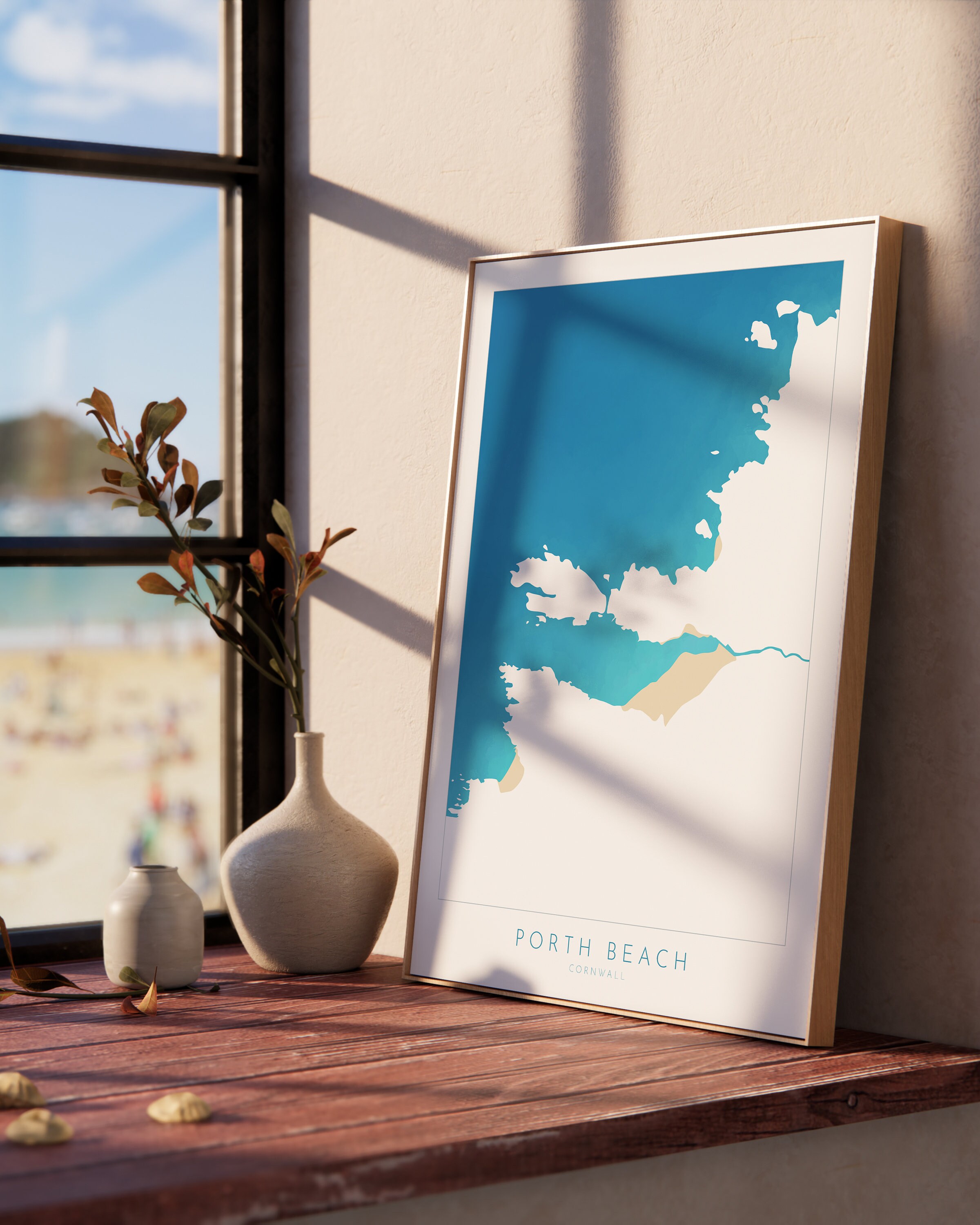 Porth Beach Art Newquay Beach Print, Newquay Map, Cornwall Art ...
