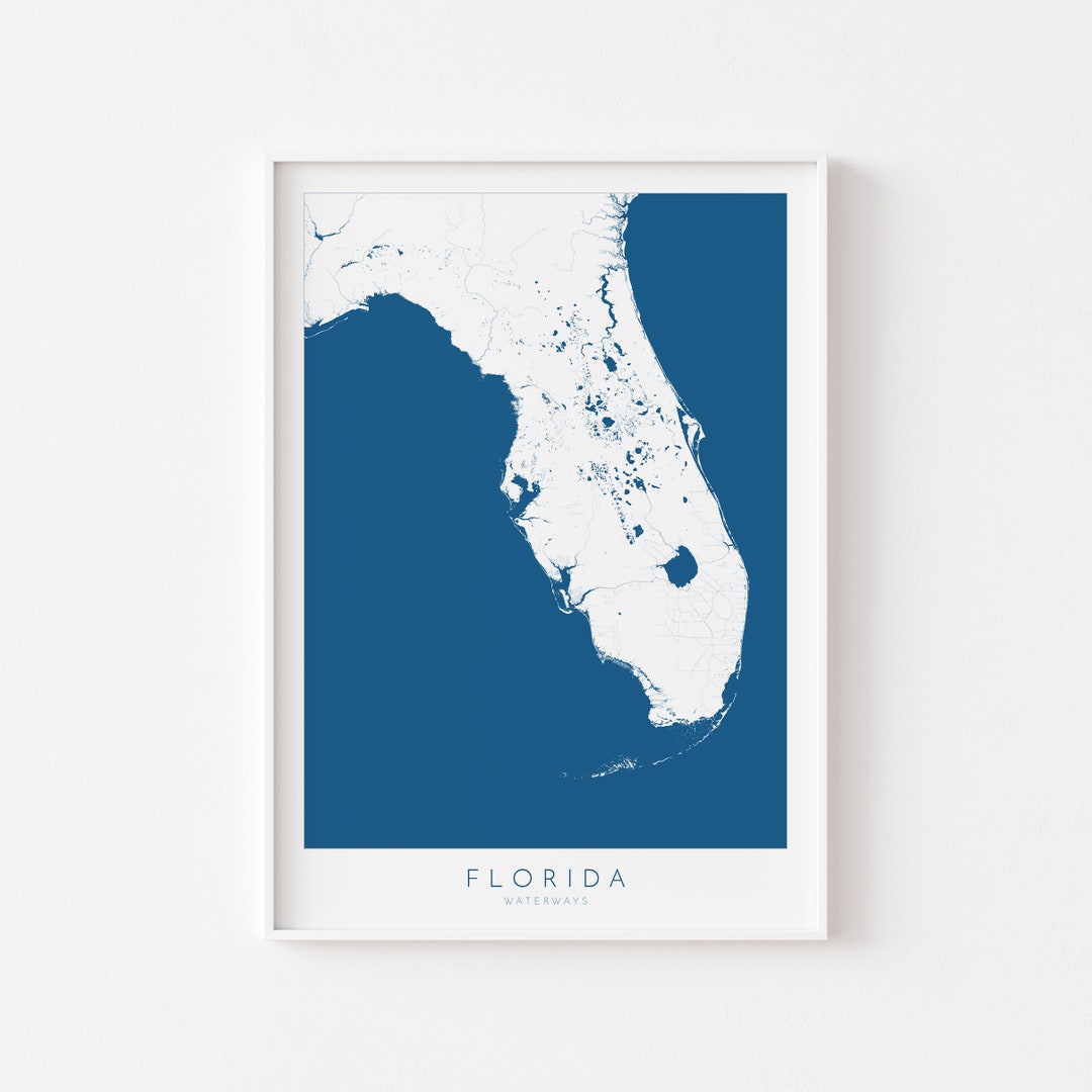 Florida Map Art - Karte der Küste von Florida und der Flüsse - Etsy.de