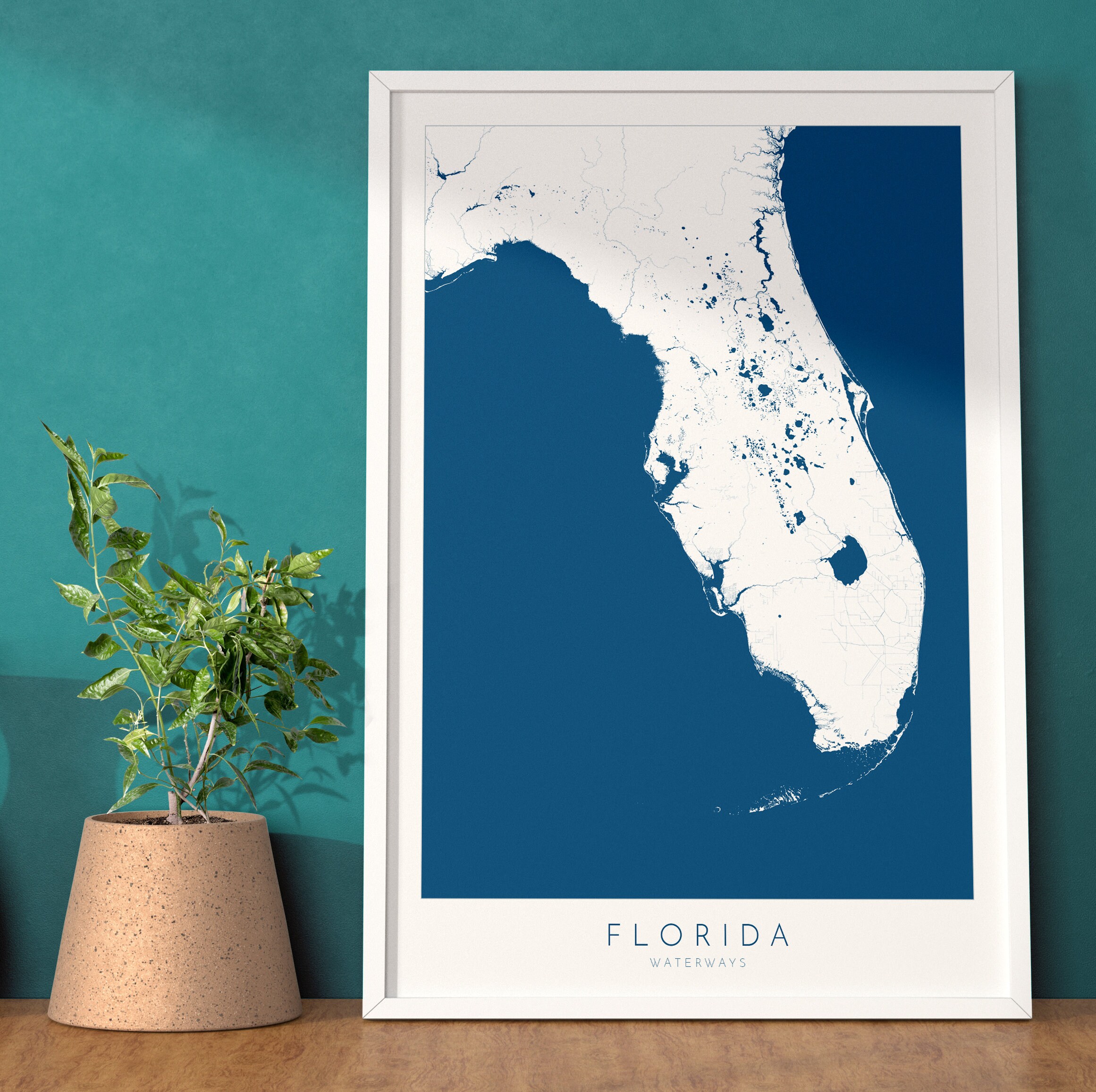 Florida Map Art Map of Florida Coast and Rivers - Etsy