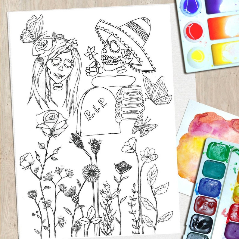 Floral Sugar Skull Downloadable Coloring Page for Adults and Teens for ...