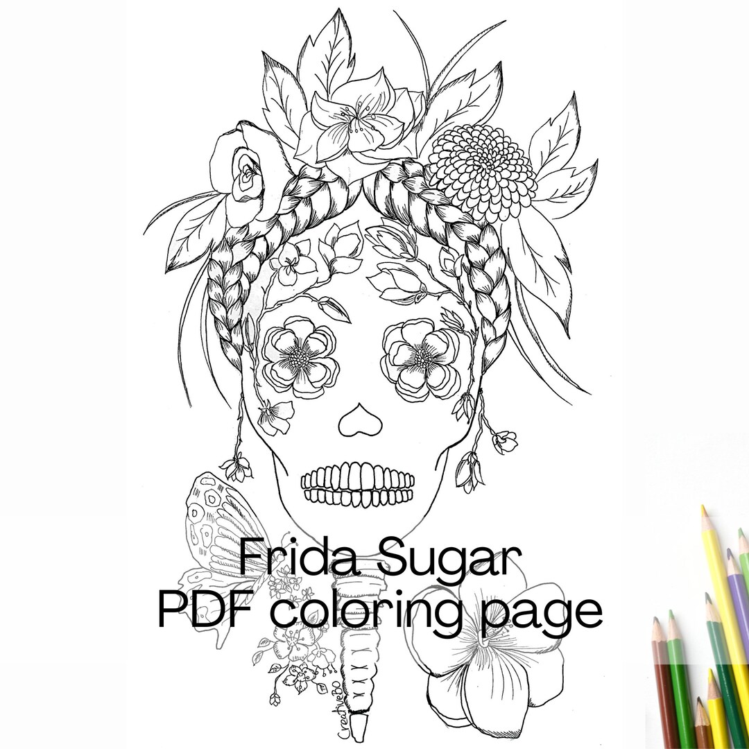 Frida Kahlo Sugar Skull Downloadable Coloring Page for Adult Tattoo ...