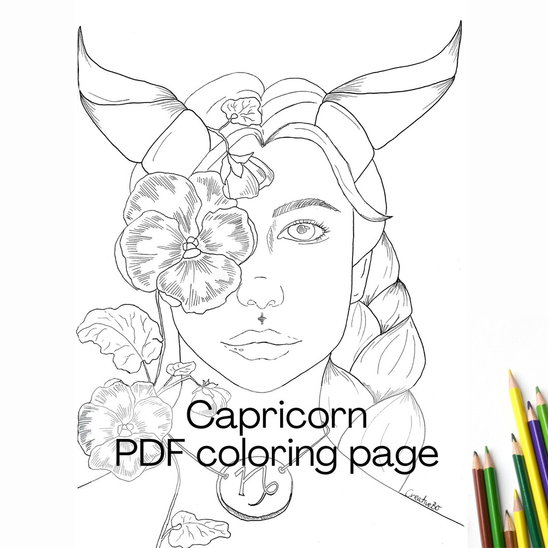 Capricorn Woman Coloring Page - Hand-drawn Pansy Flowers, Elegant ...