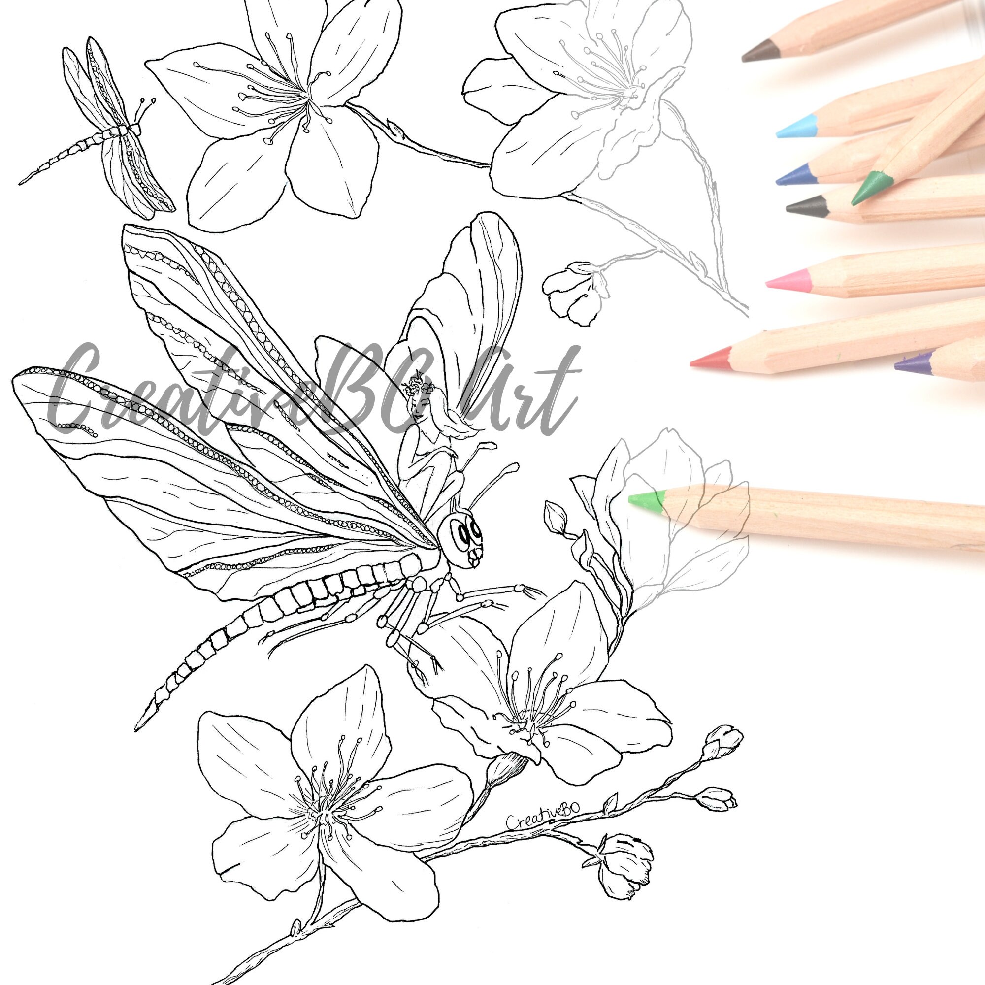 Dragonfly Fairy Adult Downloadable Fantasy Floral Coloring Page for ...