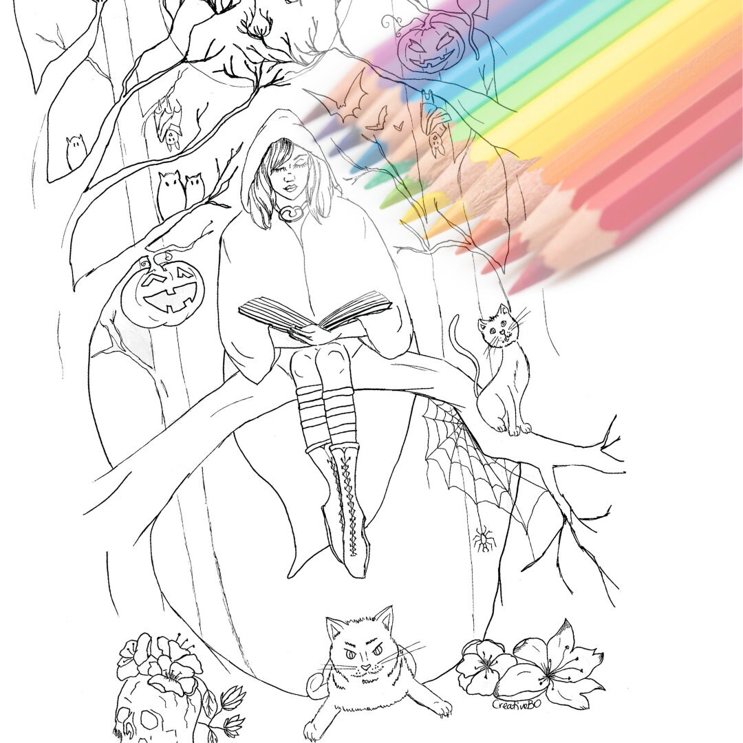 Halloween Downloadable Coloring Page for Adult, Cat and Book Lovers ...
