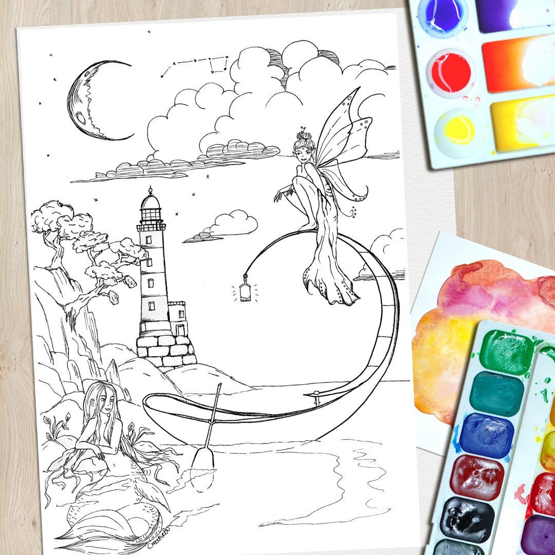 Fantasy Mermaid and Fairy Downloadable Coloring Page for - Etsy